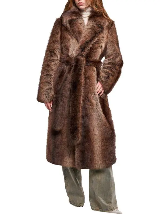 AZALEA WANG Cersei Faux Fur Belted Jacket - Brown