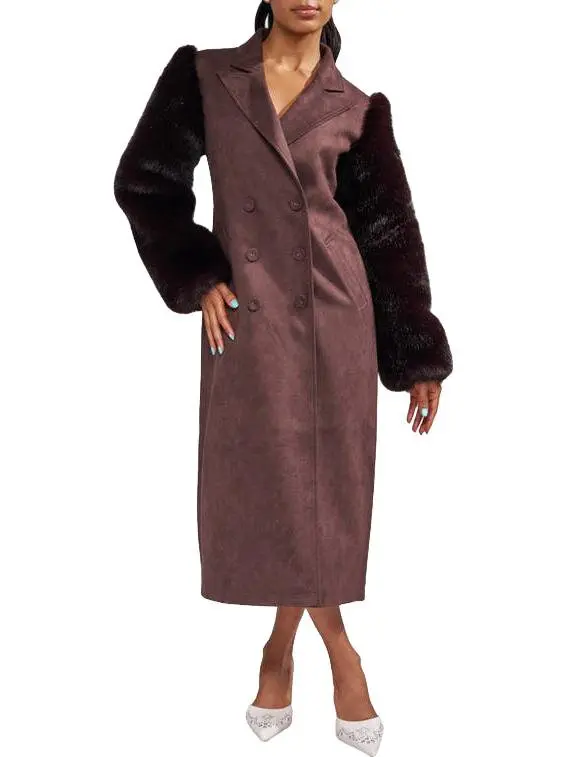 AZALEA WANG Faux Fur Sleeve Faux Suede Trench Coat - Espresso
