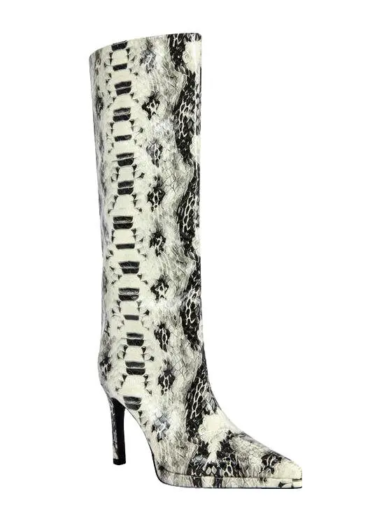 AZALEA WANG Barely Faux Snakeskin Knee High Stiletto Boots - White Black