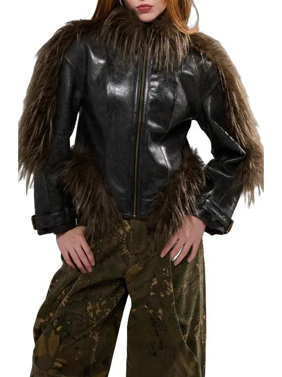 AZALEA WANG Faux Fur Trim Faux Leather Moto Jacket - Espresso