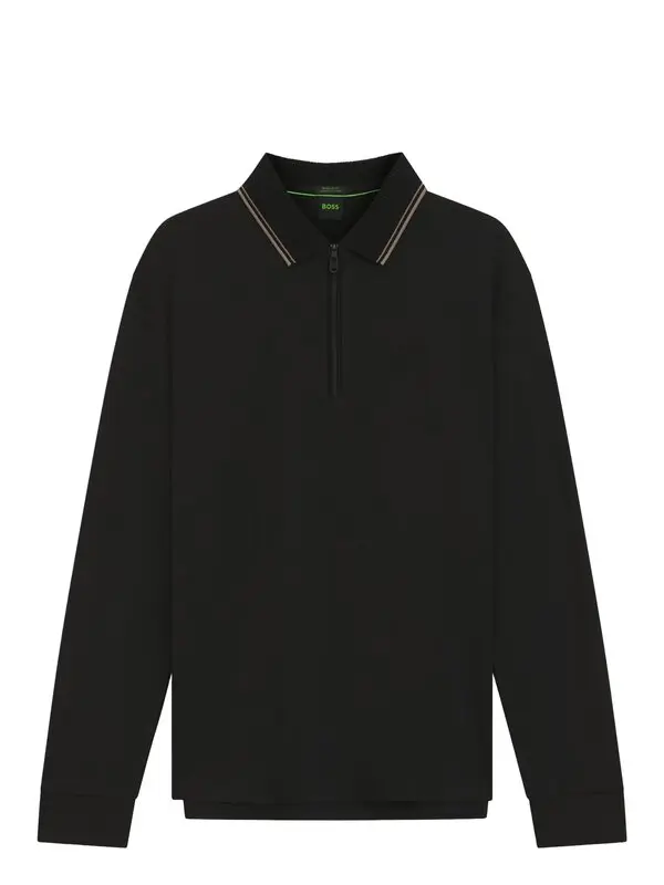 BOSS Interlock Cotton Polo Shirt With Striped Collar - Black