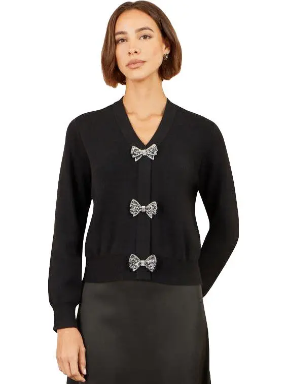 YUMI Embellished Bow Cardigan - Black