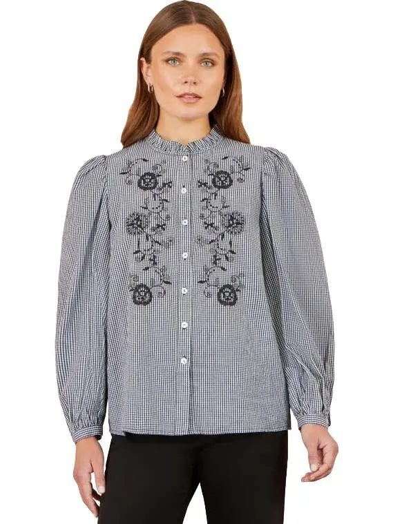 YUMI Cotton Gingham Embroidered Shirt - Black