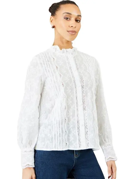 YUMI Lace Detail Cotton Blouse - White