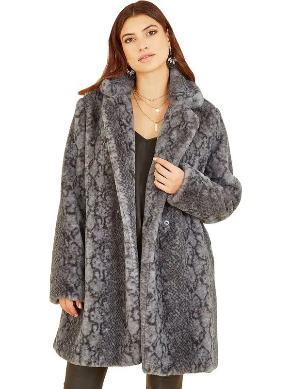 YUMI Snakeskin Print Faux Fur Mid Length Coat - Grey