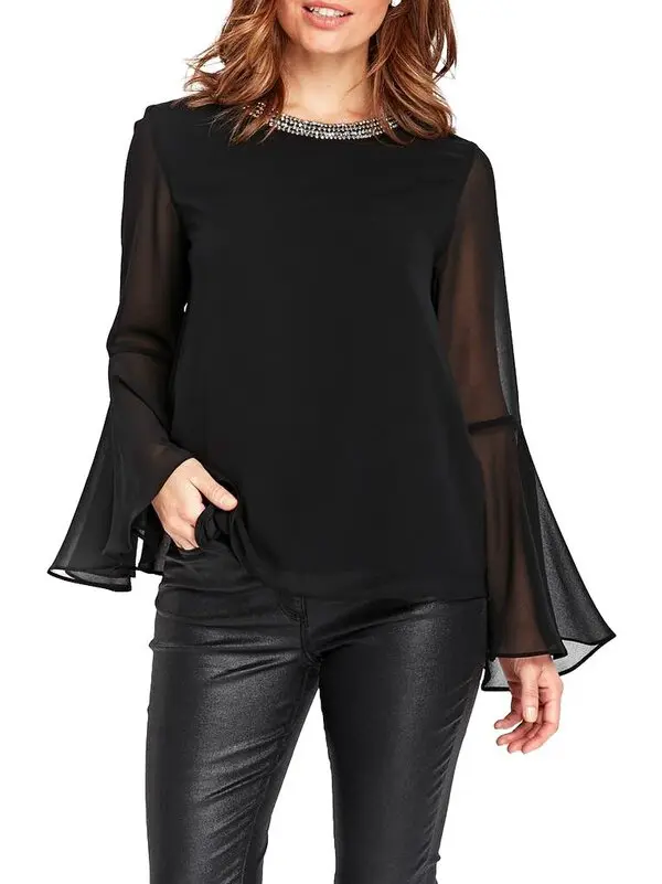 WALLIS Embellished Neck Blouse With Bell Sleeves - Black