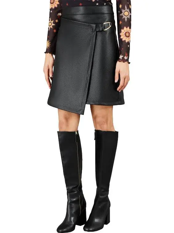 YUMI Faux Leather Wrap Skirt With Buckle Detail - Black