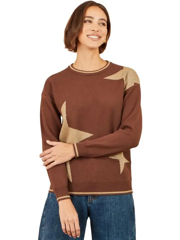 YUMI Star Relaxed Jumper With Sparkle - Brown