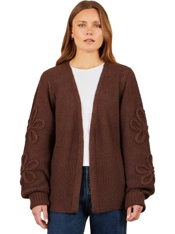 YUMI Knitted Flower Detail Sleeve Cardigan - Brown
