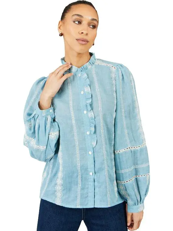 YUMI Cotton Embroidered Shirt With Lace Inserts And Frill Trims - Blue
