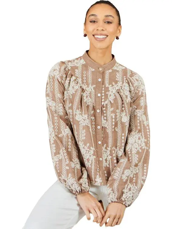 YUMI Embroidered Floral Relaxed Shirt - Brown