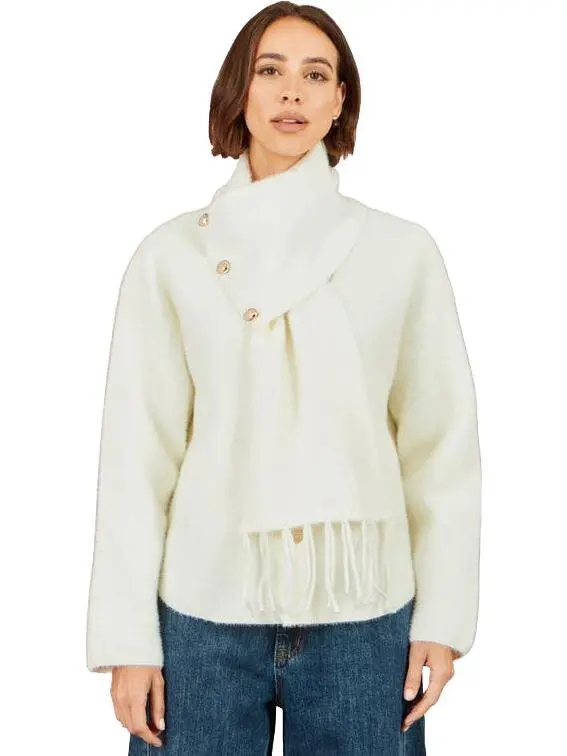 YUMI Eyelash Knit Scarf Neck Cardigan With Gold-tone Buttons - Ivory