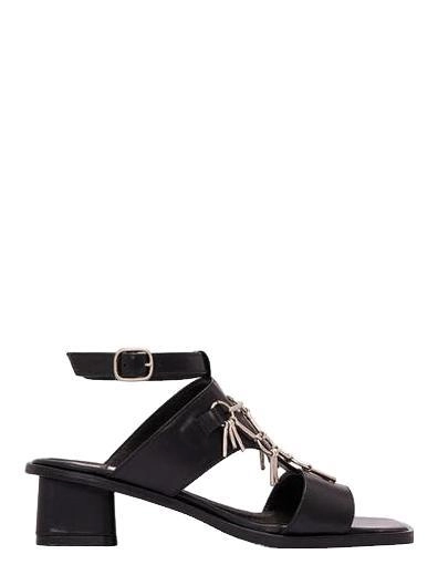 CLARA BARCELO Leather Knot Detailing Square Toe Block Heel Sandals - Black