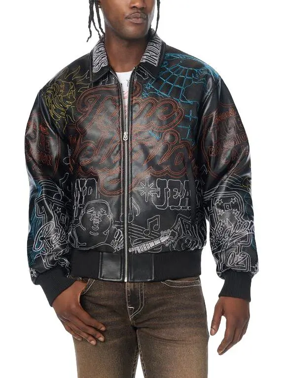 True Religion Faux Leather Bomber Jacket With Allover Stitching - Jet Black