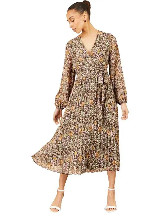YUMI Pleated Wrap Midi Dress - Brown