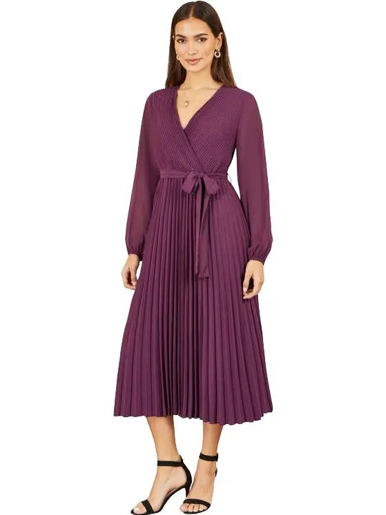YUMI Pleated Wrap Midi Dress - Purple