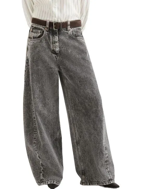 Brunello Cucinelli Prince Of Wales Denim Wide Trousers With Monili - Dark Grey