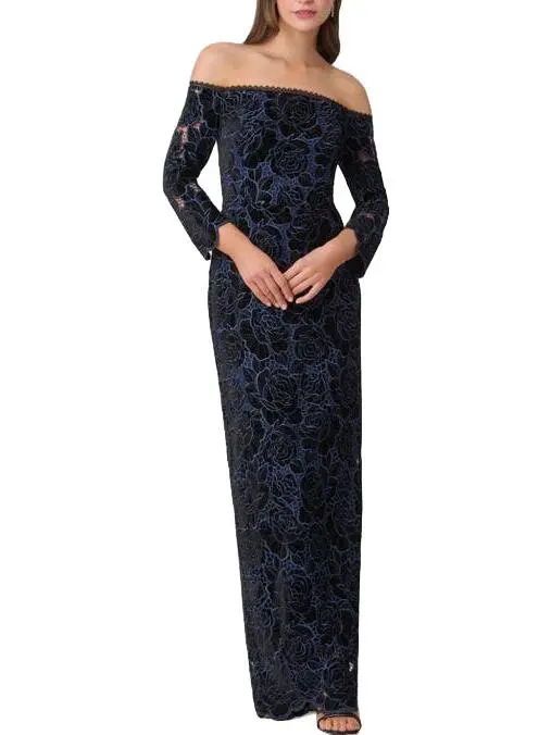 Shoshanna Monroe Velvet Lace Off-the-shoulder Gown - Jet/navy