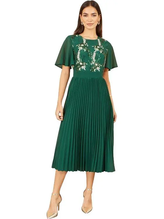 YUMI Sequin Embroidered Pleated Midi Dress - Green