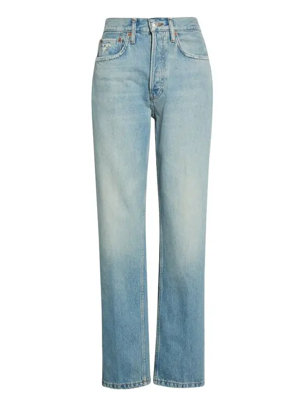 RE/DONE Pipe Distressed High Waist Jeans - Worn Blue