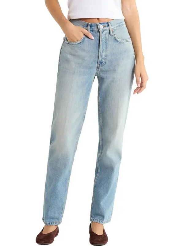RE/DONE Pipe Distressed High Waist Jeans - Worn Blue