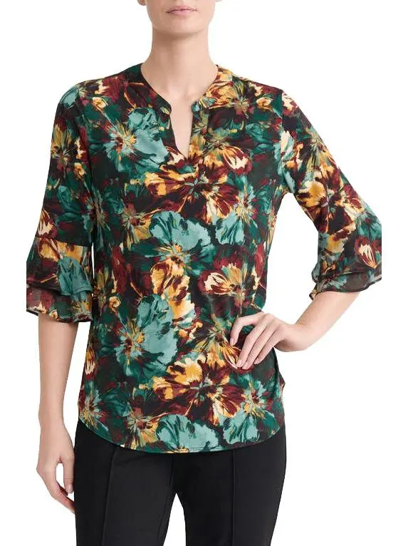 KASPER Tiered Bell Sleeve Tunic - Evergreen Multi