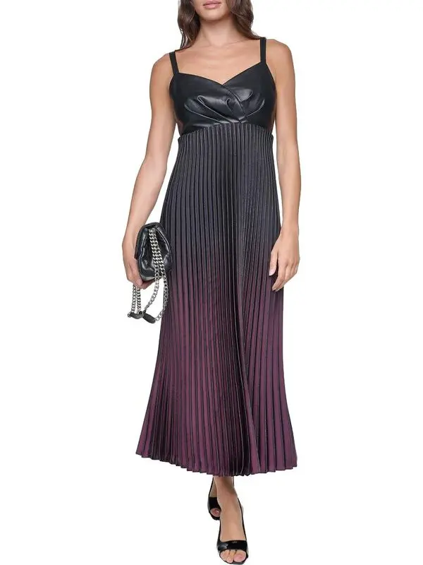 Dkny Sleeveless Faux Leather Bodice Pleated Ombré Dress - Cabernt/bl