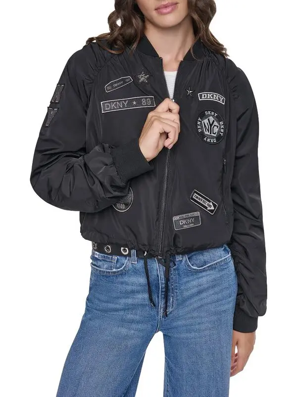 Dkny Cropped Bomber Jacket With Ruched Sleeves And Embroidered Patches - Black