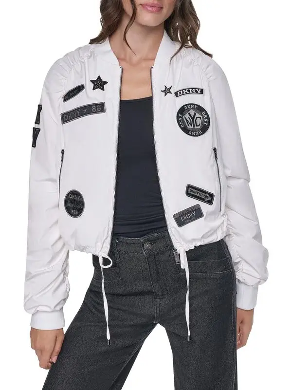 Dkny Cropped Bomber Jacket With Ruched Sleeves And Embroidered Patches - Ivory