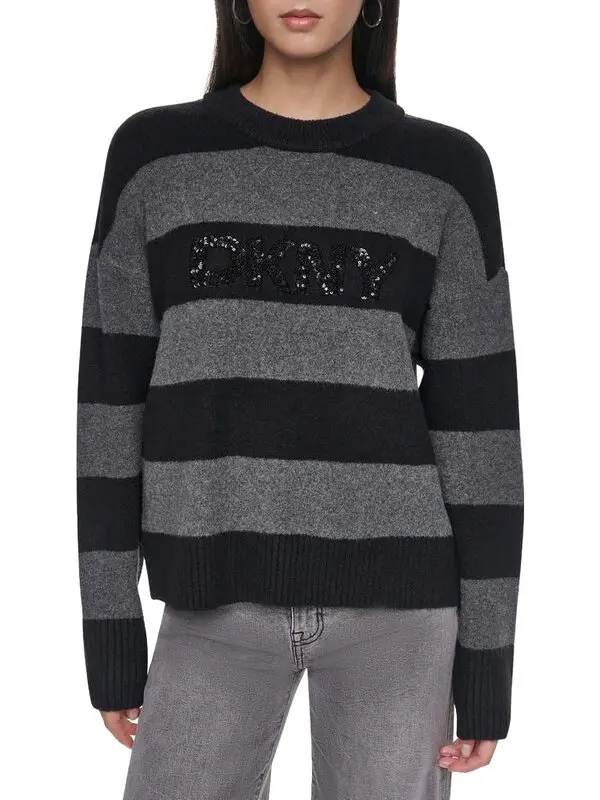 Dkny Sequin Logo Stripe Sweater - Blk/asphal