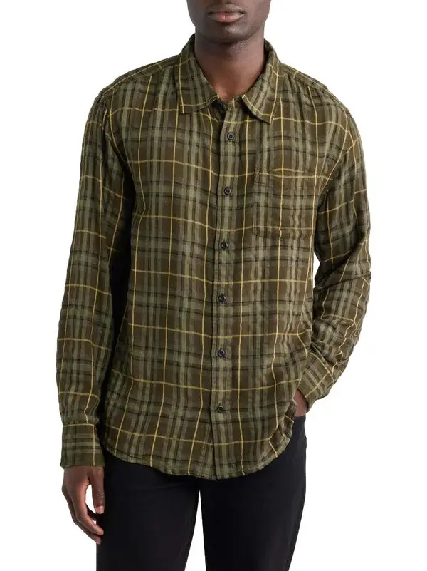 CORRIDOR Crinkle Plaid Cotton Blend Button-up Shirt - Olv