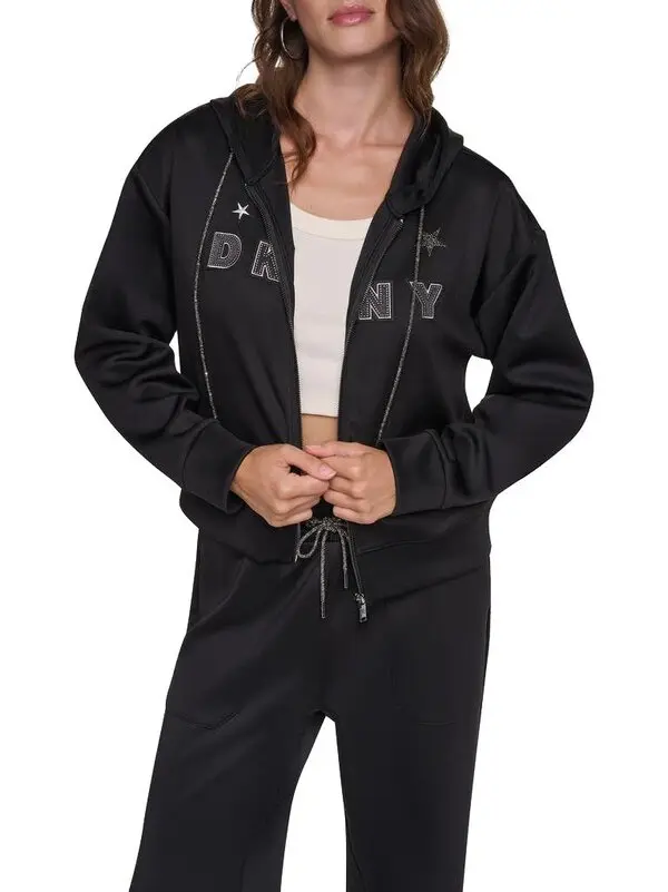 Dkny Crystal Logo Appliqué Zip-up Hoodie - Black