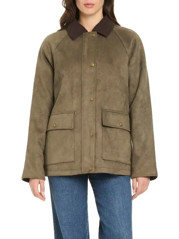 Vince Camuto Faux Suede Barn Jacket With Cord Collar - Olive