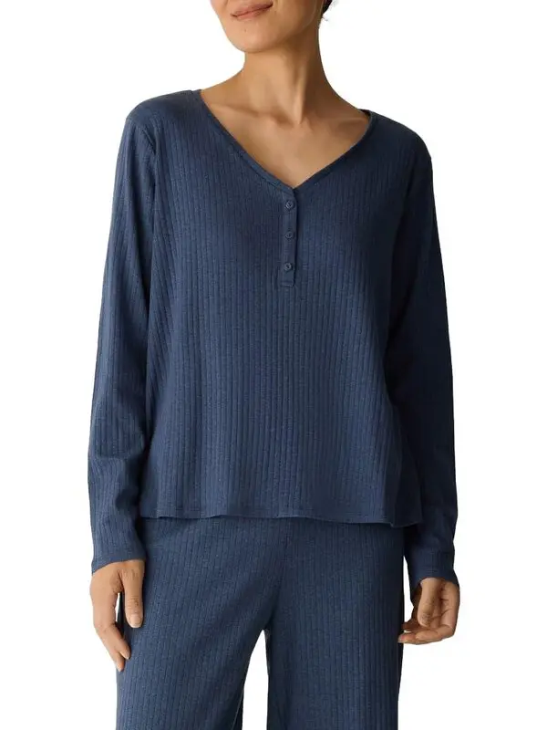 Eileen Fisher Organic Cotton Ribbed Henley Long Sleeve Top - Blueberry