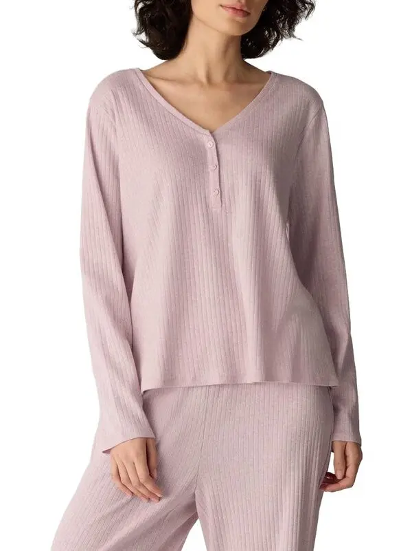 Eileen Fisher Organic Cotton Ribbed Henley Long Sleeve Top - Pearlescent