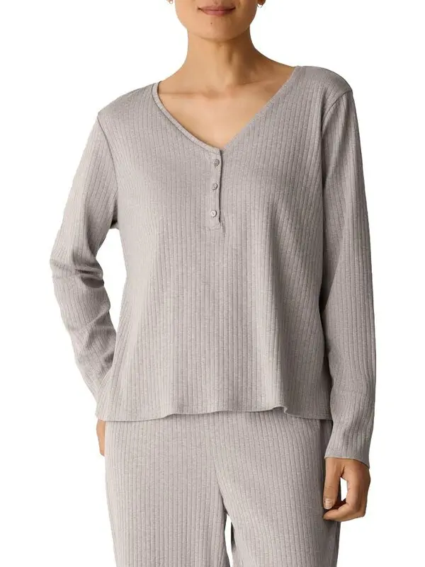 Eileen Fisher Organic Cotton Ribbed Henley Long Sleeve Top - Twine