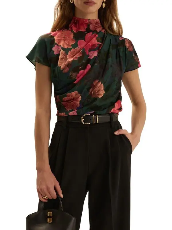 FAVORITE DAUGHTER Floral Print High Neck Draped Viscose Top - Gemstone Floral