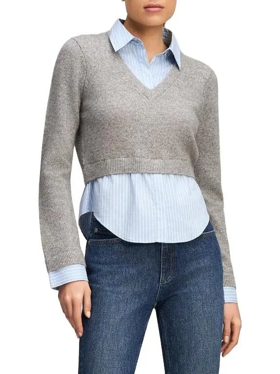 Cinq À Sept Renna Layered Cashmere V-neck Sweater And Striped Shirt - Heather Grey