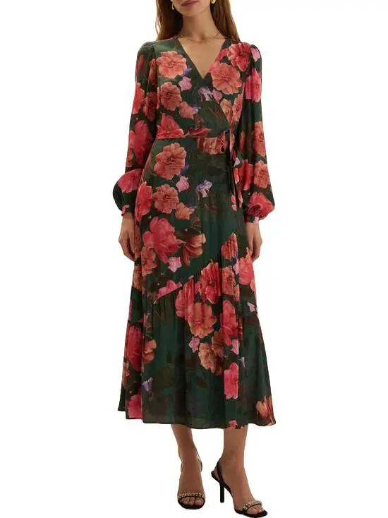 FAVORITE DAUGHTER The Love Letter Floral Long Sleeve Wrap Midi Dress - Gemstone Floral