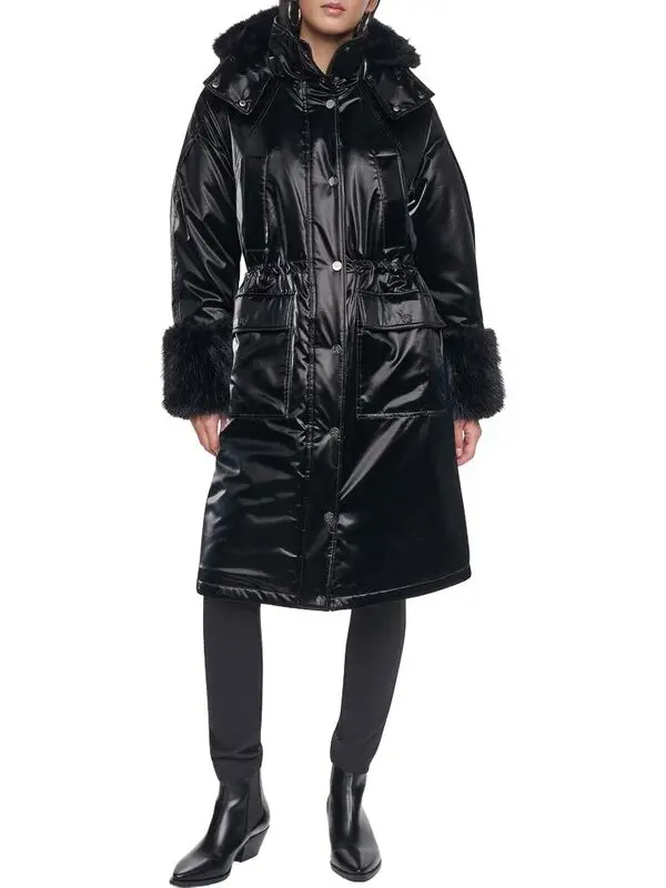 Dkny Faux Fur Trimmed Nylon Velvet Puffer Coat - Black