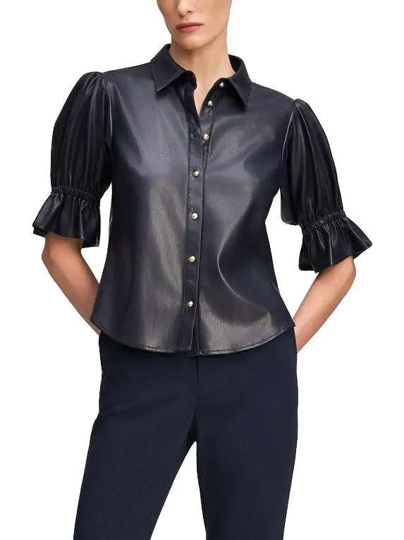 Cinq À Sept Fiona Faux Leather Button-up Shirt - Navy