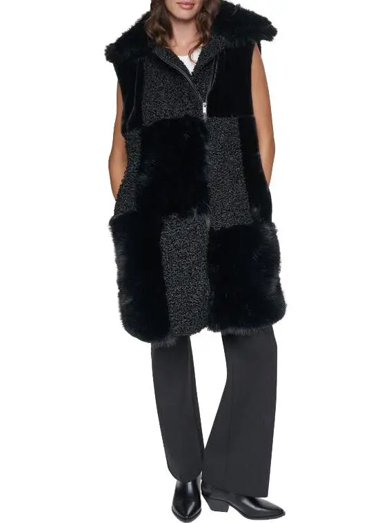 Dkny Patchwork Faux Fur Long Vest With Hood - Black