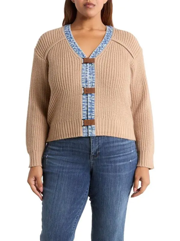 CITY BLUES Cropped Cardigan With Denim Trim - Tan