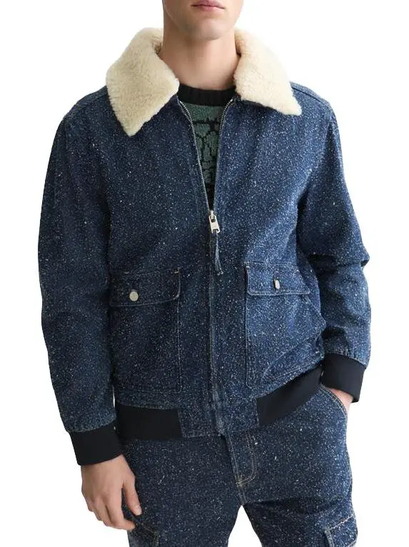 Scotch & Soda Textured Denim Flight Jacket With Faux Shearling Collar - Deep Weave