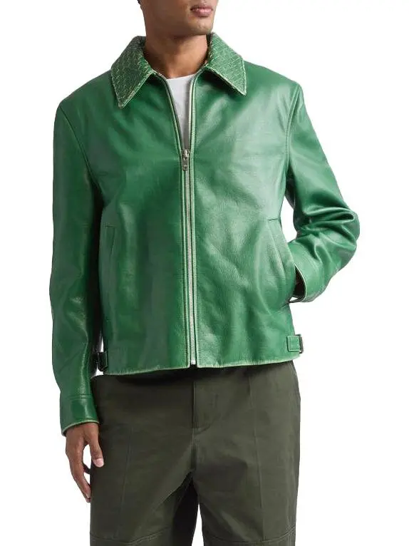 Bottega Veneta Vintage Effect Intrecciato Collar Leather Jacket - 3086 Malachite