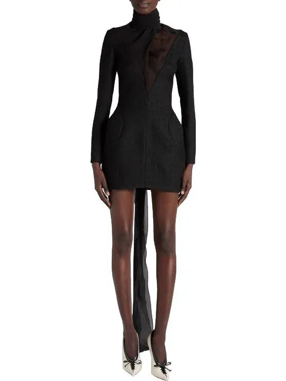 Alexander McQueen Long Sleeve Stretch Wool & Mohair Tweed Evening Mini Dress - Black