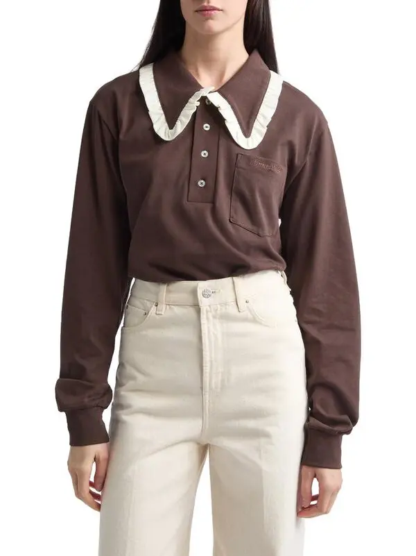 TANNER FLETCHER Long Sleeve Cotton Top With Ruffle Collar - Brown