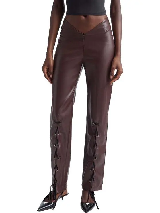 KIM SHUI Faux Leather V-cut Waist Pants With Velvet Lacing - Dark Brown