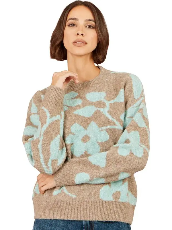 YUMI Floral Intarsia Relaxed Fit Jumper - Brown