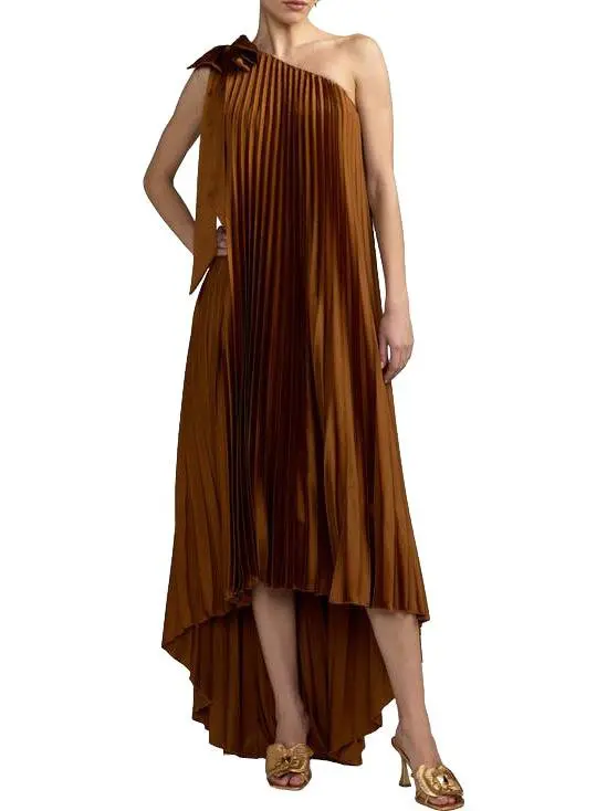 Mac Duggal One-shoulder Pleated High-low Gown With Statement Bow - Nutmeg